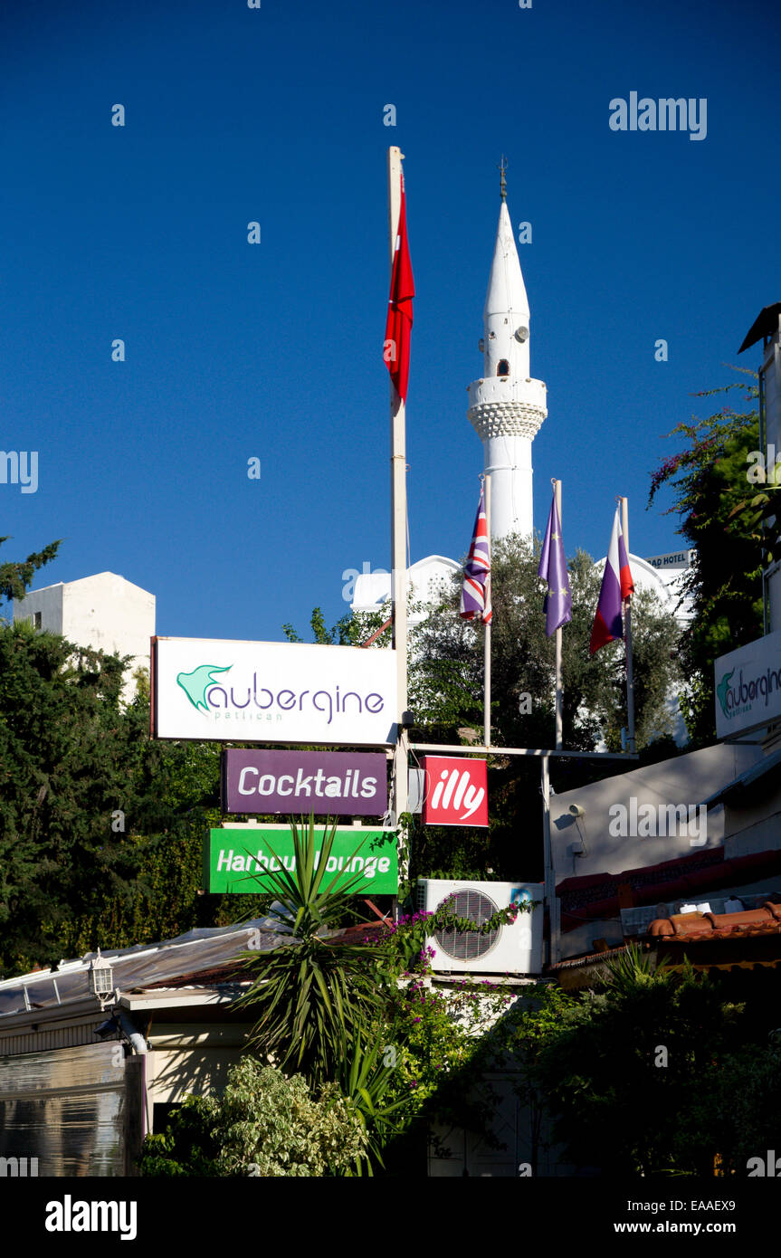 Minaret of Mosque and flags, Kalkan, Lycian Coast, Turkey, Asia Stock ...