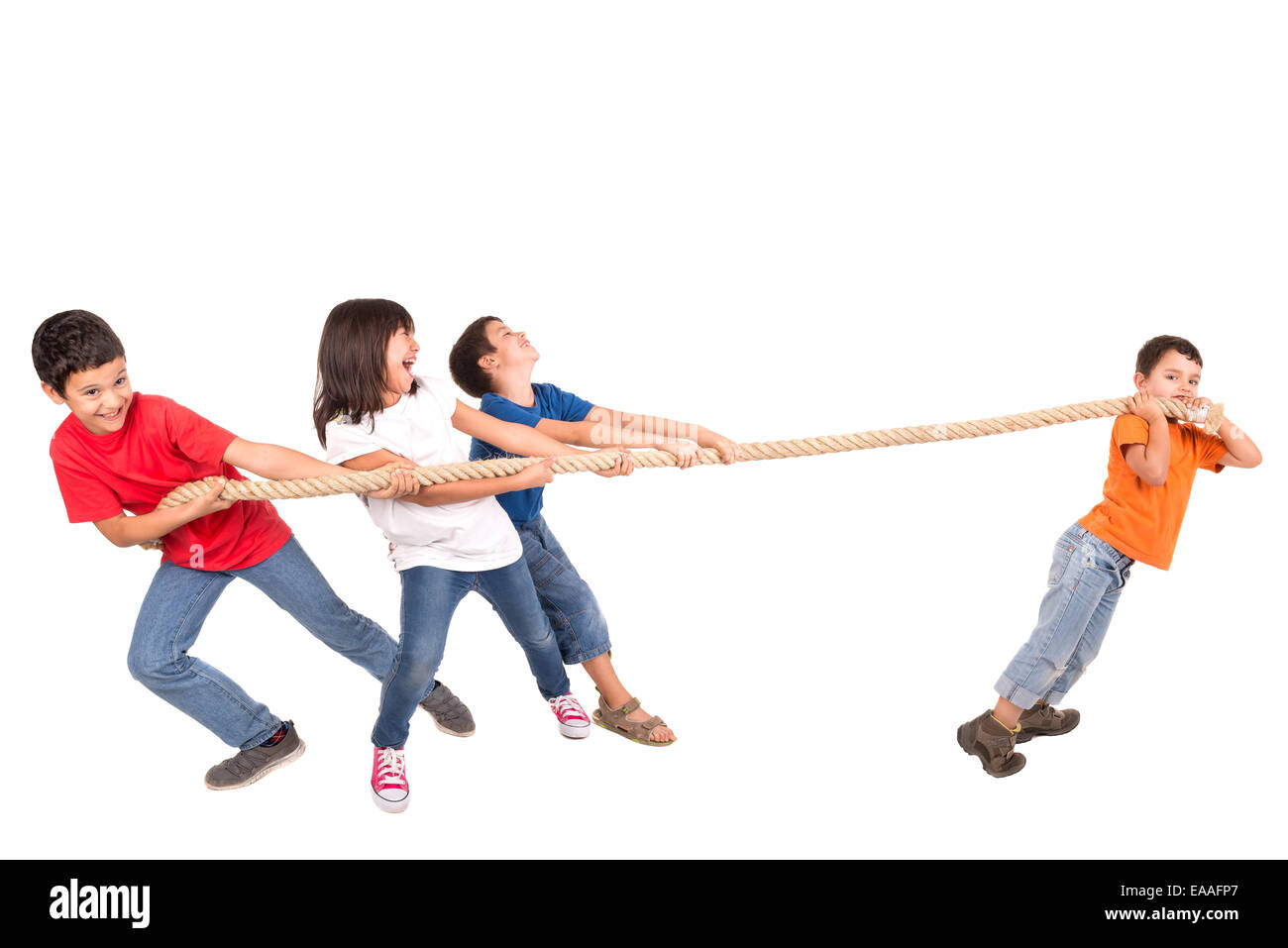 Group of children in a rope-pulling contest against just one kid Stock ...