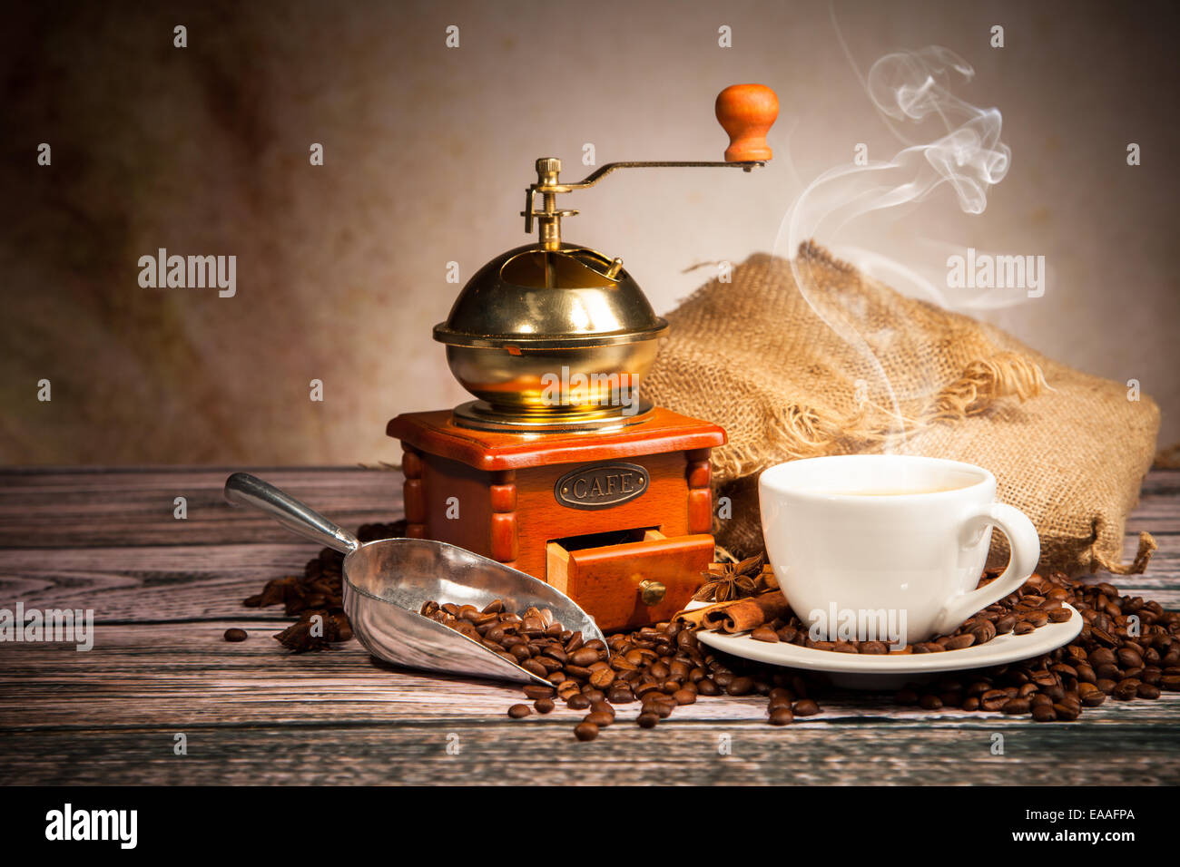 Coffee still life with wooden grinder Stock Photo - Alamy