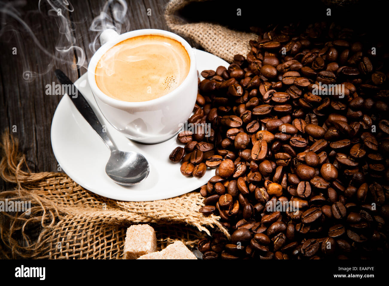 Coffee still life on wooden surface Stock Photo - Alamy