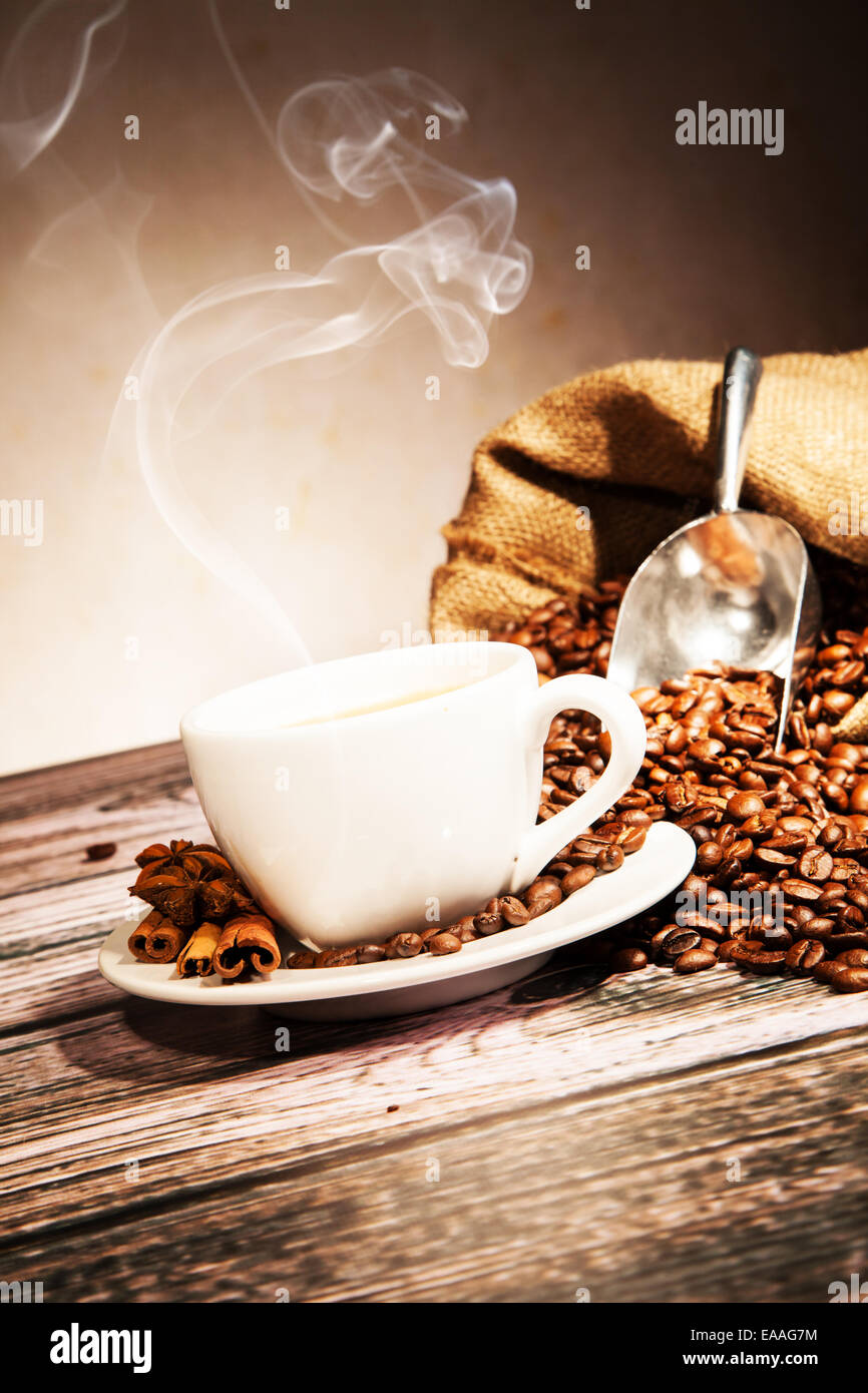 Coffee still life with wooden cup Stock Photo - Alamy