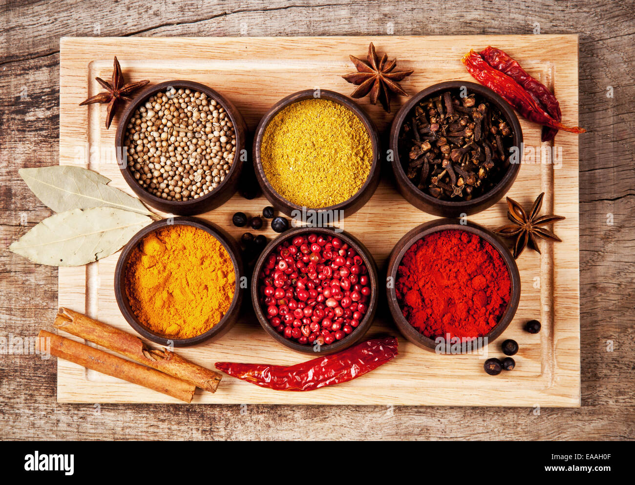 Various kind of spices in wooden bowls Stock Photo - Alamy