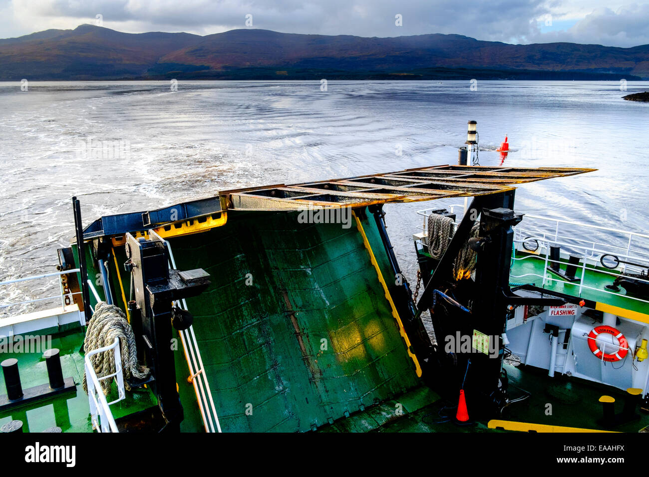 The loading ramp on the car ferry from Fishnish in Mull as she ...