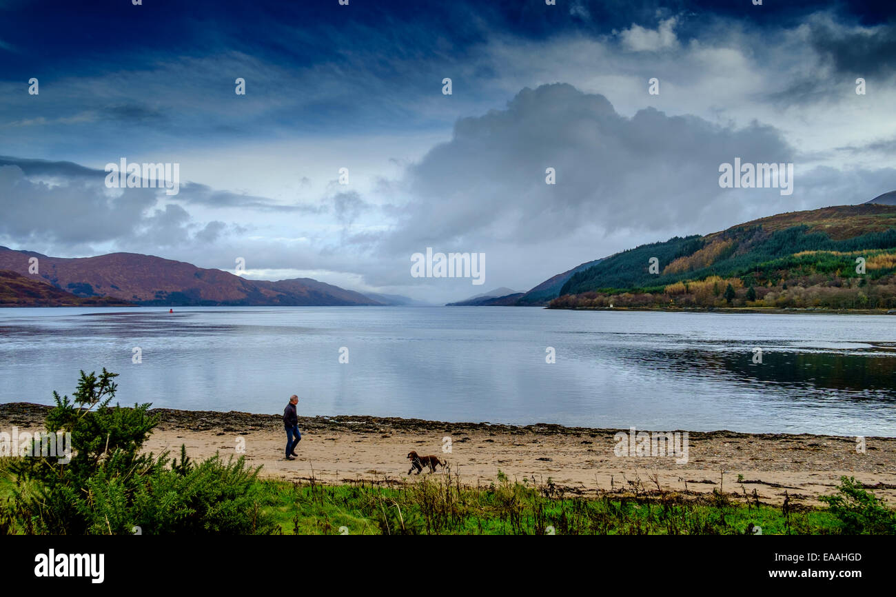 A man walks his dog on the beach at Corran Highlands of Scotland Stock ...