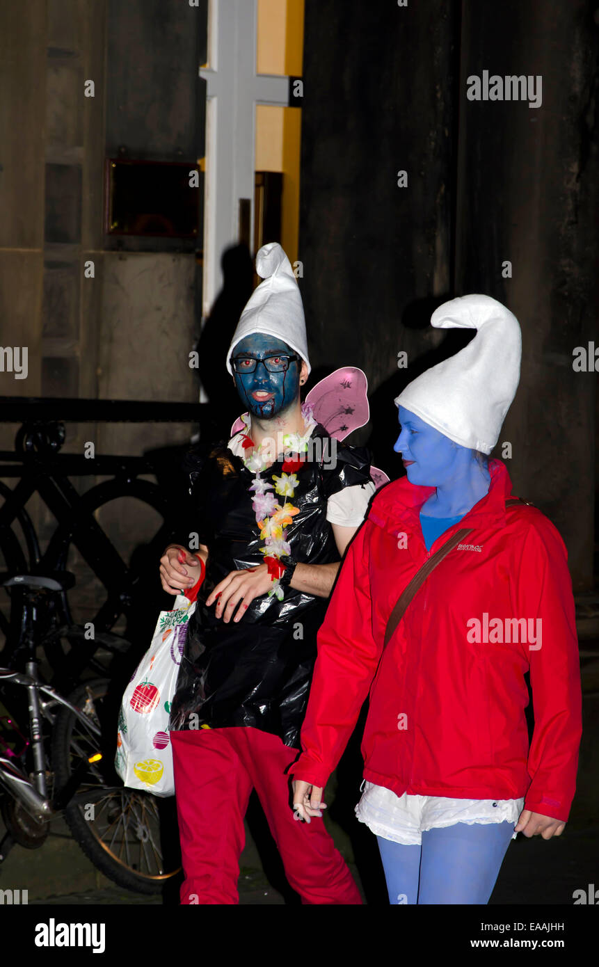 Couple dressed a pixies or smurfs about to take part in the Samhuinn ...
