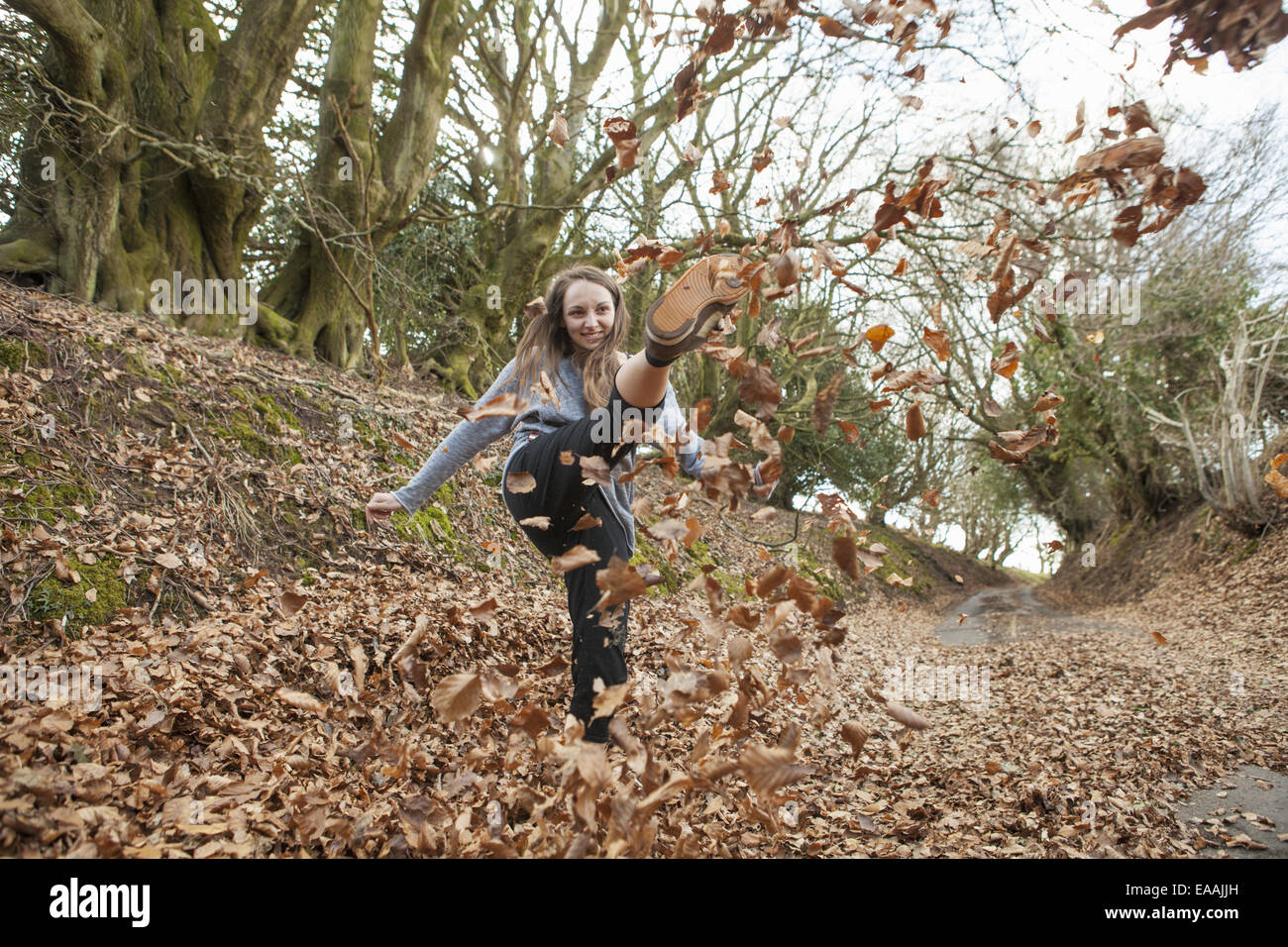 Young woman playing in fallen leaves, kicking them in the air Stock ...