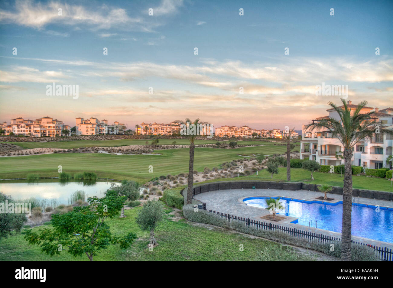 HDR of the view of the Swimming Pool, Golf Course and lake from an ...
