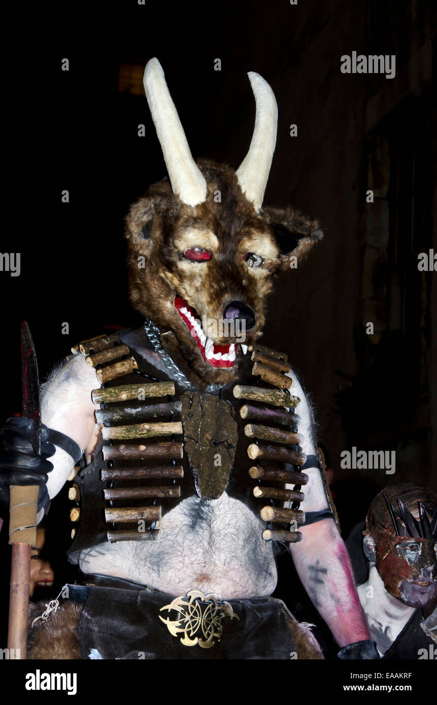 Evil horned wolf character taking part in the Samhuinn Fire Festival in ...