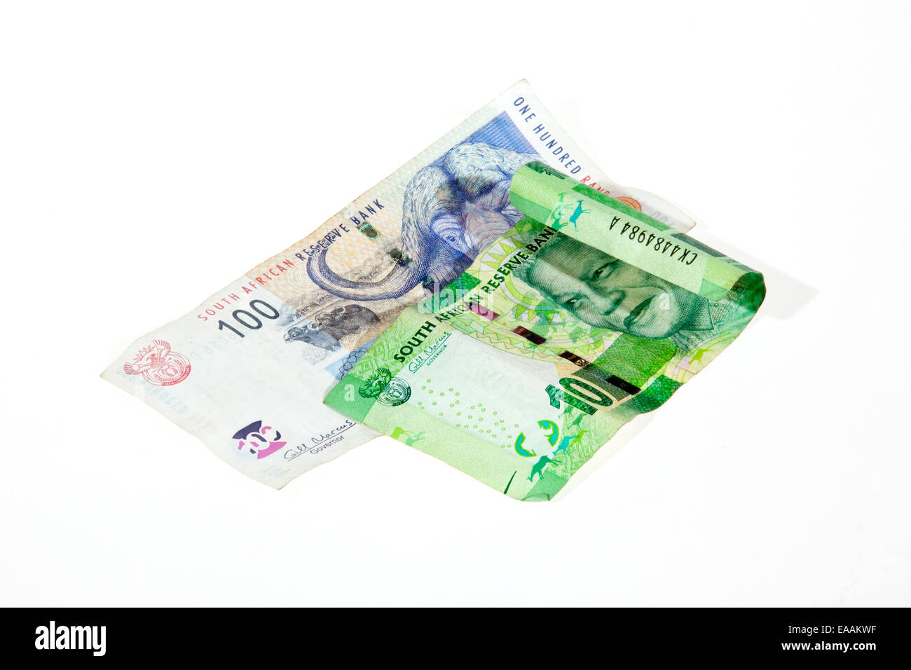 two south African bank notes on white background Stock Photo - Alamy