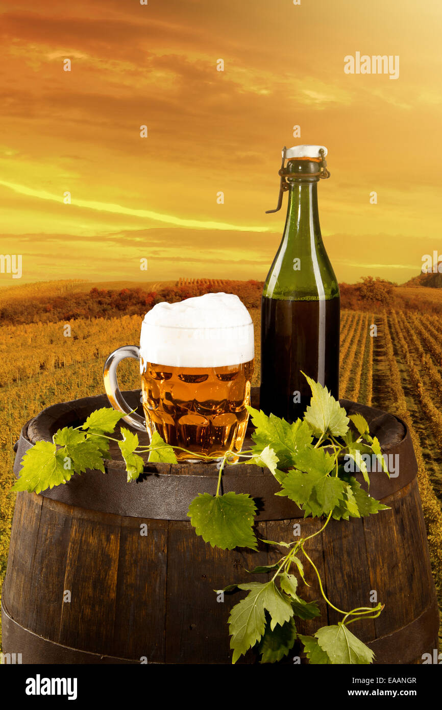 Beer keg with glass of beer on rural countryside background Stock Photo ...