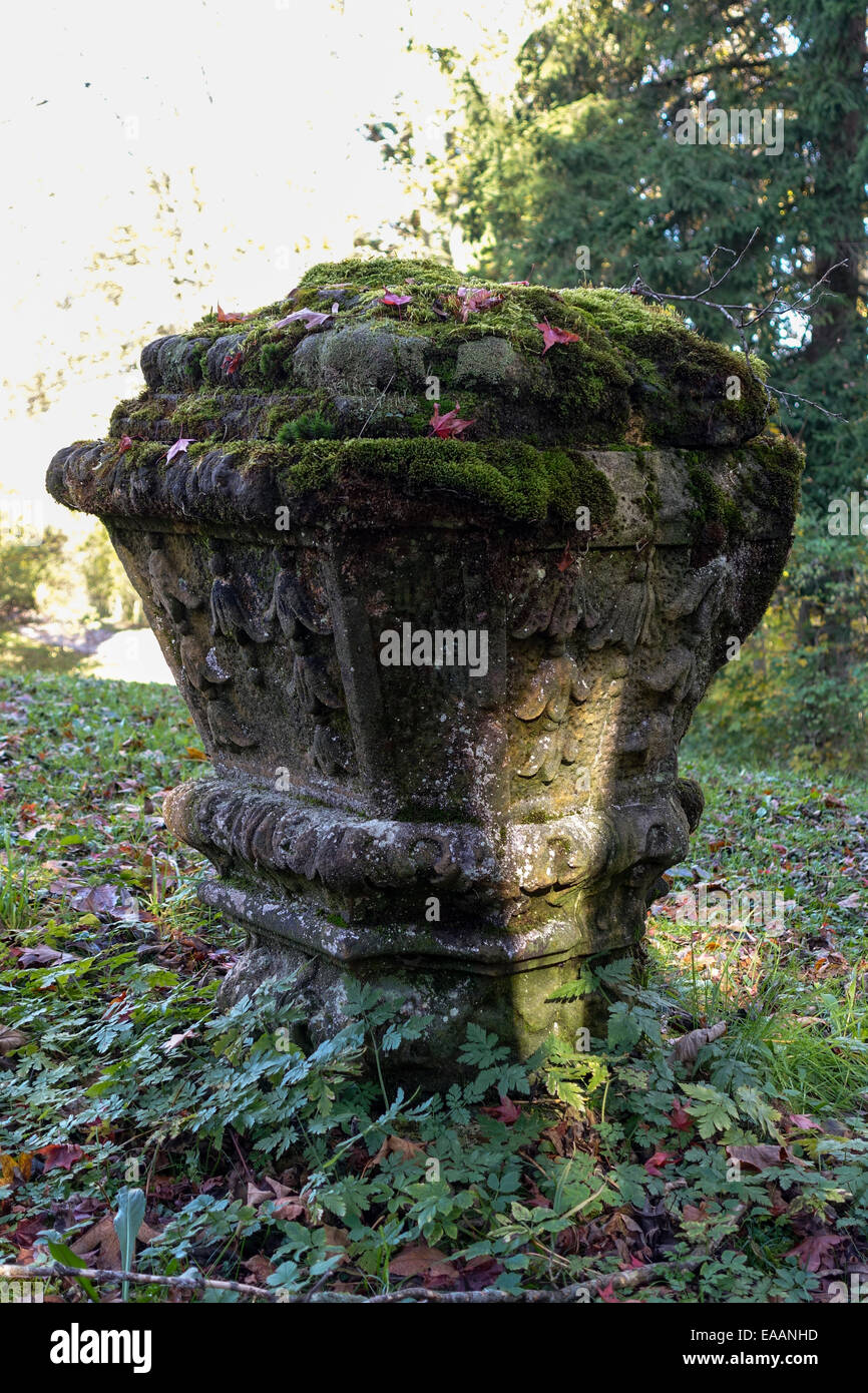 Weathered stone vase in the Palace Park Höhenried, Lake Starnberg ...