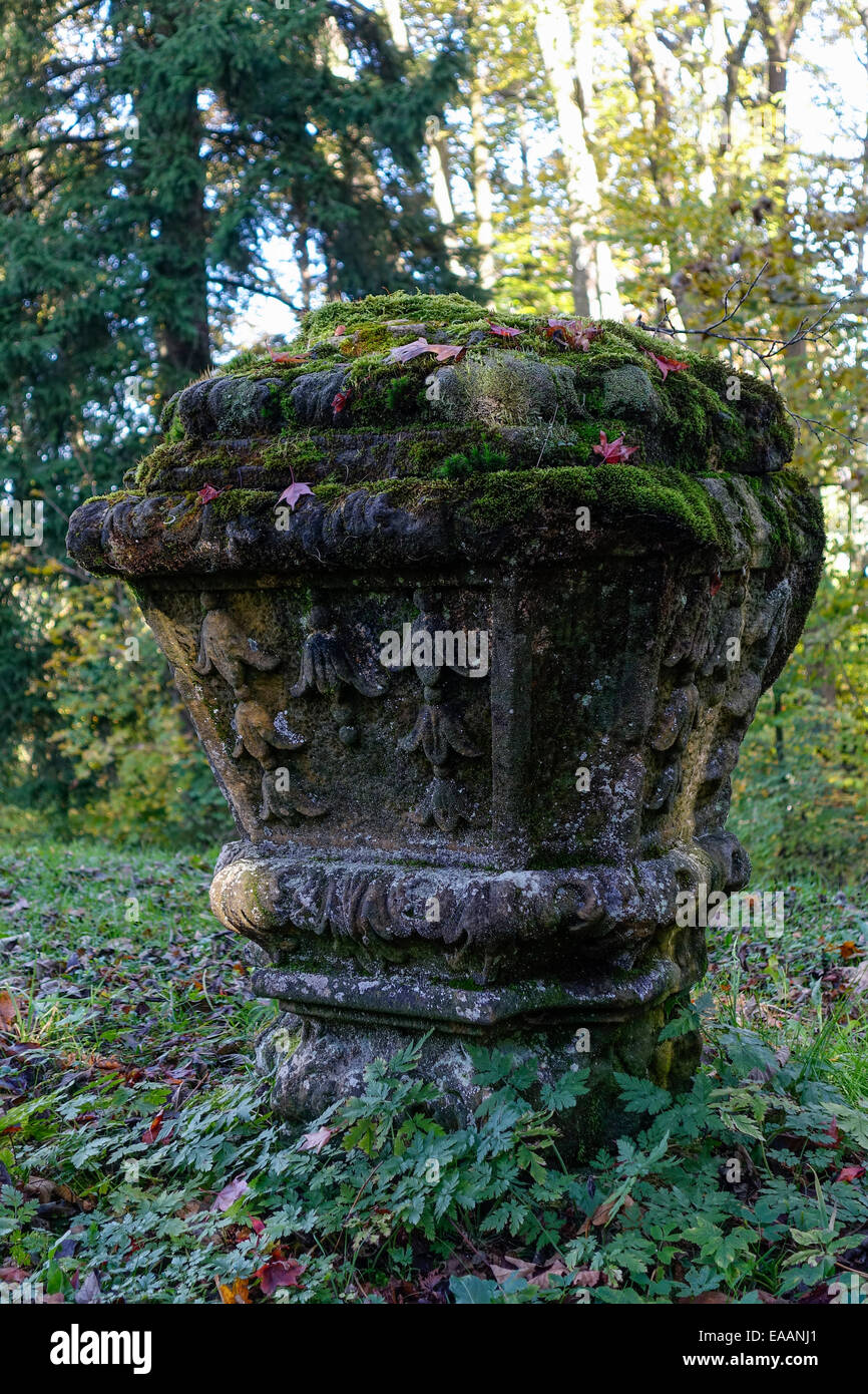Weathered stone vase in the Palace Park Höhenried, Lake Starnberg ...
