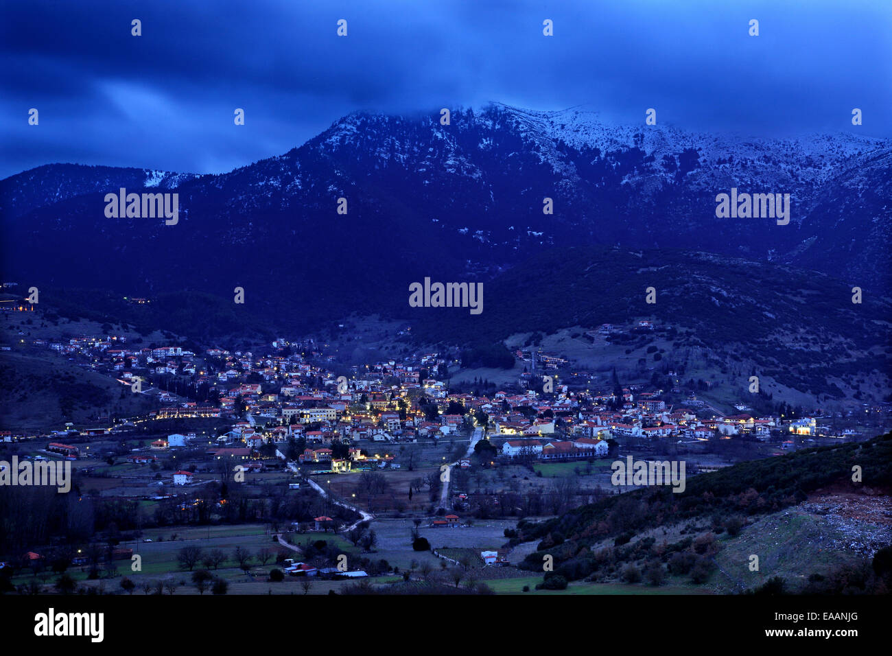 Night view of the "martyric" town of Kalavrita (or "Kalavryta"0, Achaia ...
