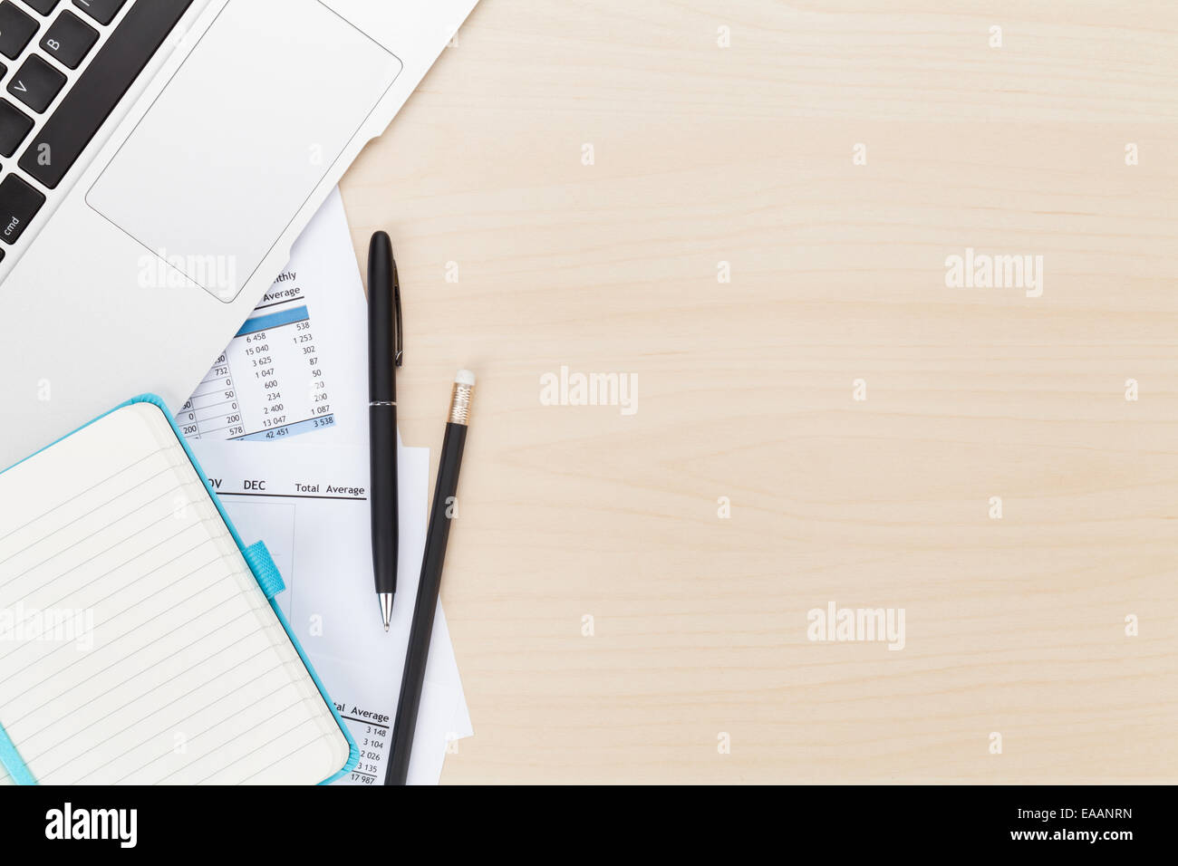 Office table with computer and supplies. View from above with copy ...