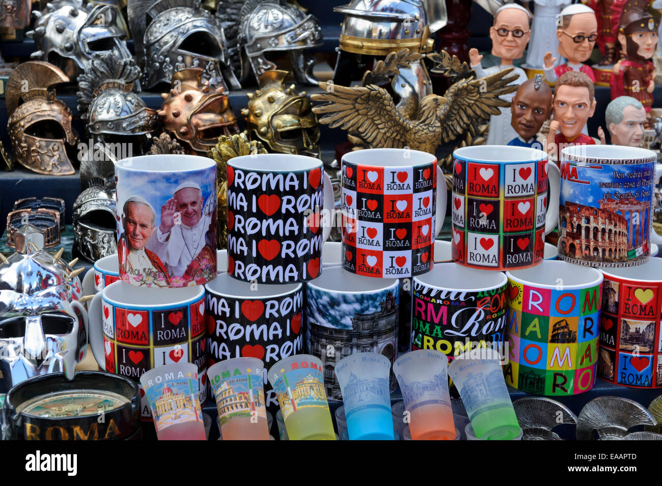 A large selection of colourful Roman memorabilia on sale in Rome, Italy ...