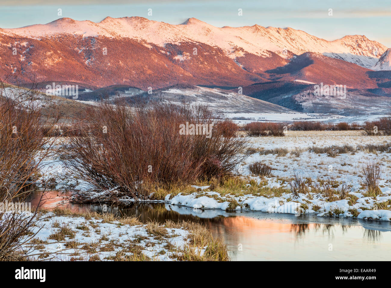 dusk over Canadian River and Medicine Bow Mountains in North Park near ...