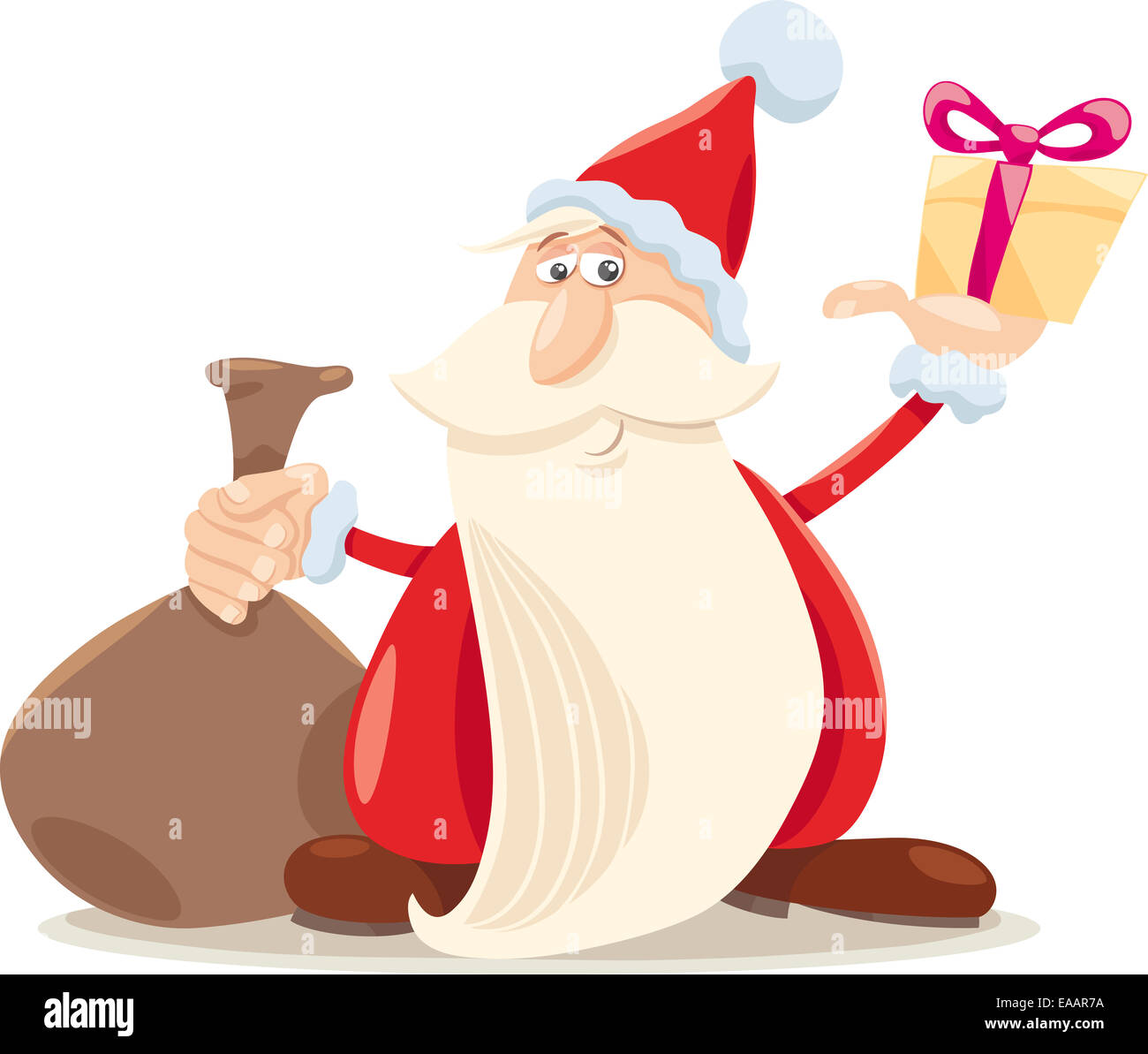Cartoon Illustration of Funny Santa Claus with Sack and Christmas Gift ...