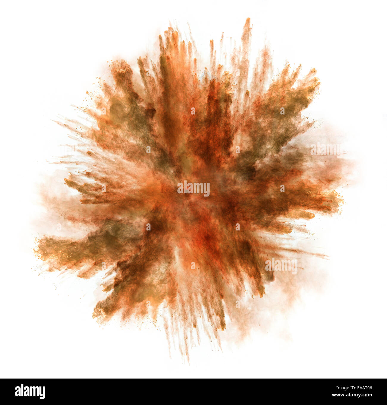Freeze motion of orange dust explosion isolated on white background ...