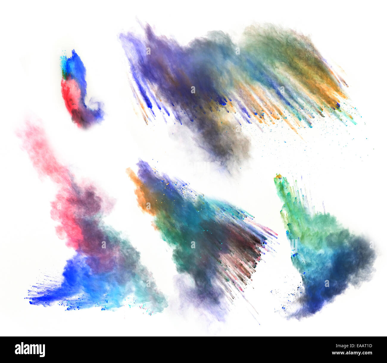 Freeze motion of colored dust explosion isolated on black background ...