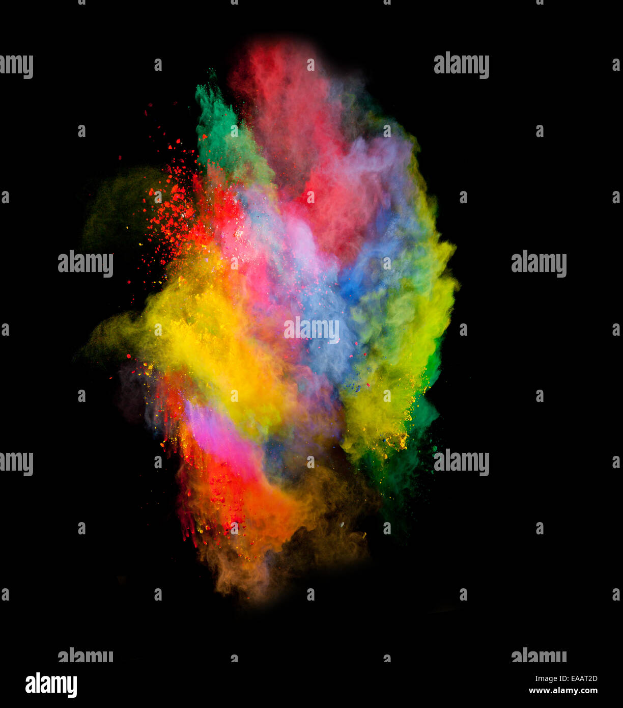 Freeze motion of colored dust explosion isolated on black background ...