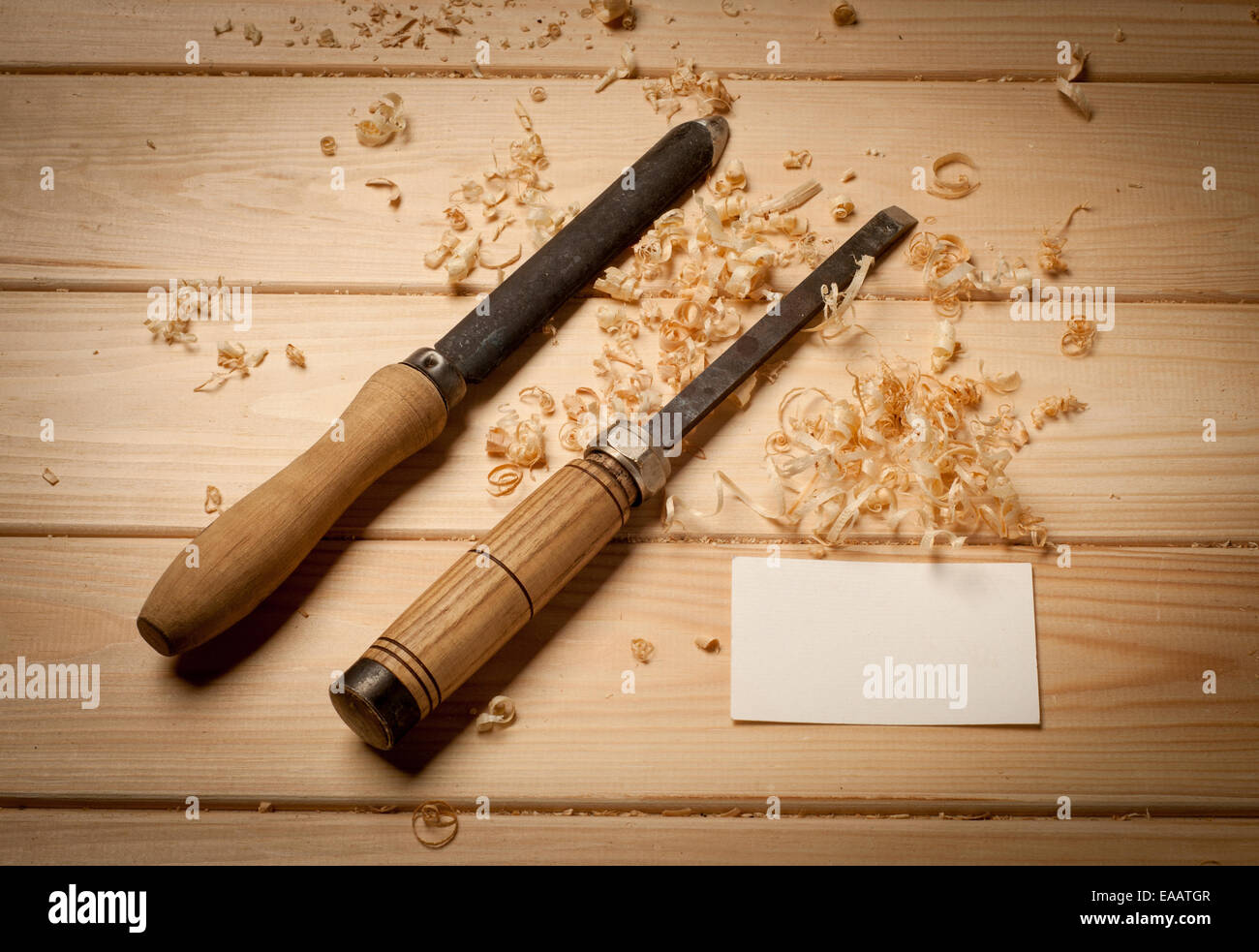 joinery tools on wood table background with business card Stock Photo ...