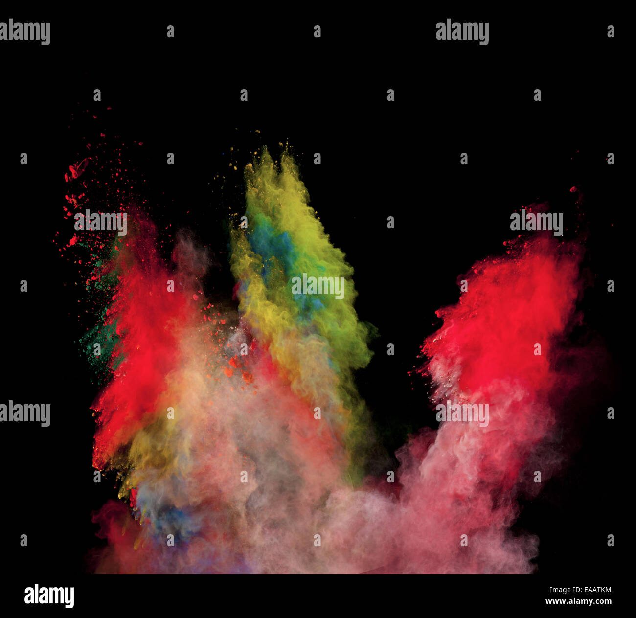 Freeze motion of colored dust explosion isolated on black background ...