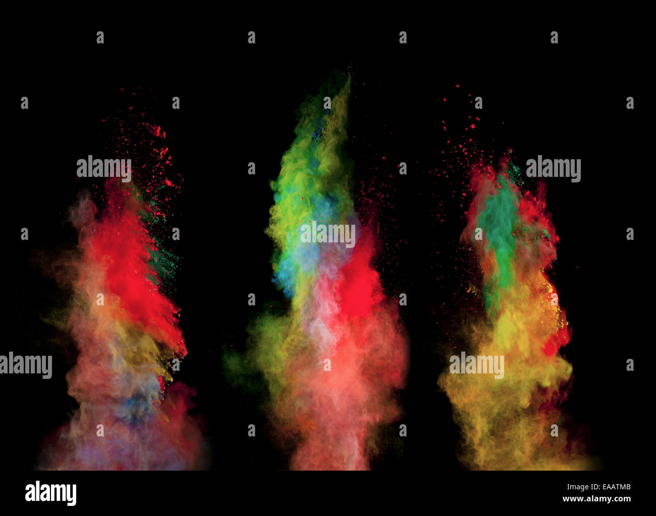 Freeze motion of colored dust explosion isolated on black background ...