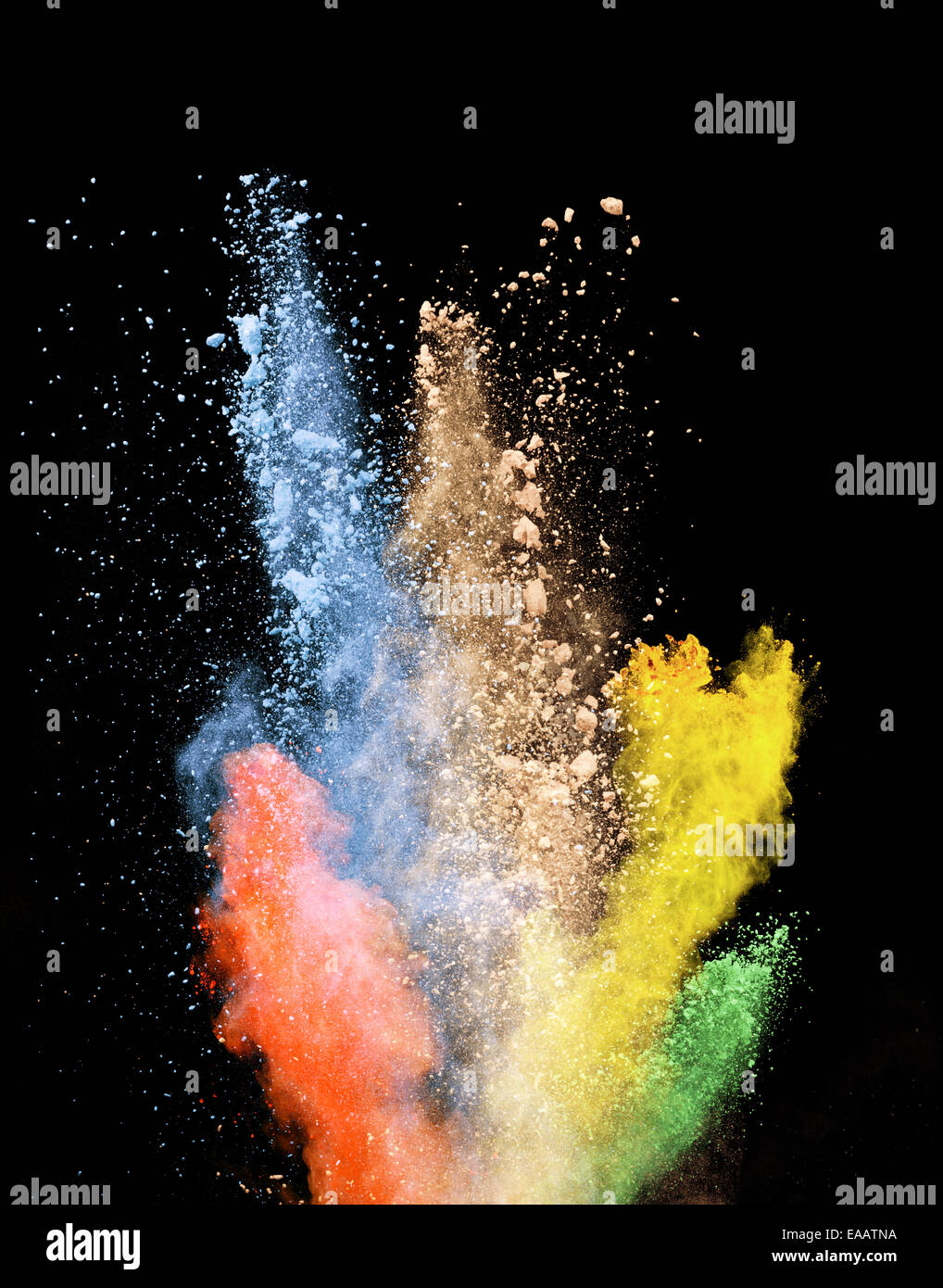 Freeze motion of colored dust explosion isolated on black background ...
