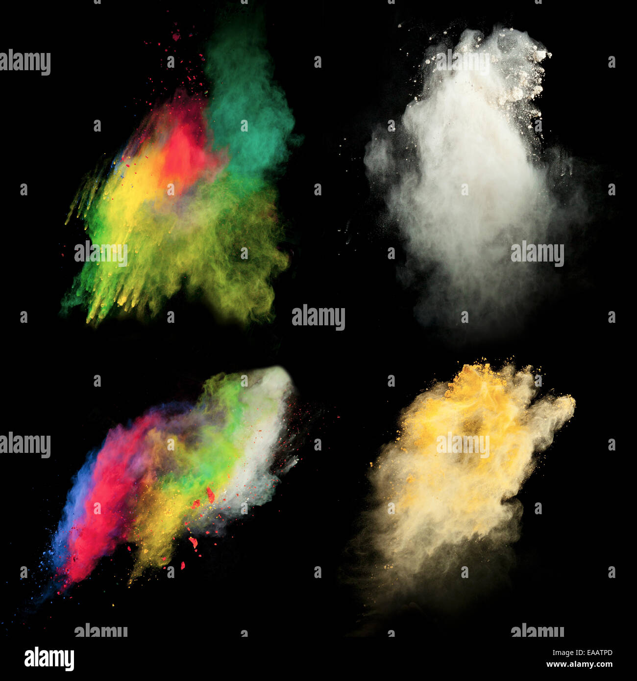Freeze motion of colored dust explosion isolated on black background ...
