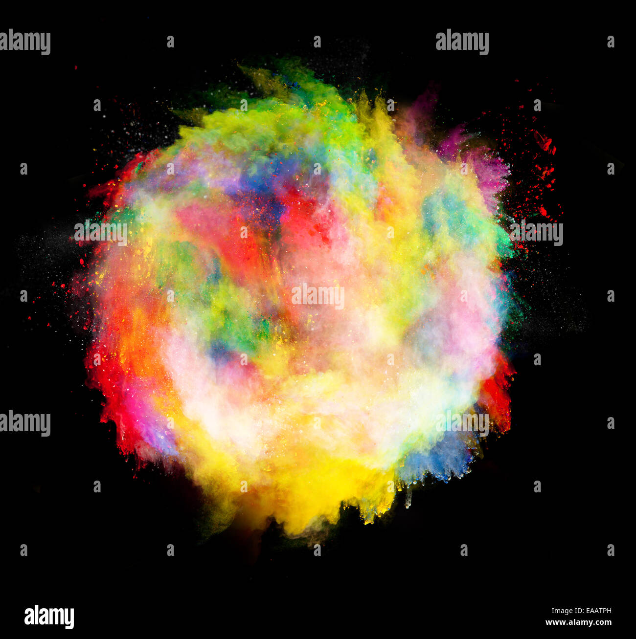 Freeze motion of colored dust explosion isolated on black background ...