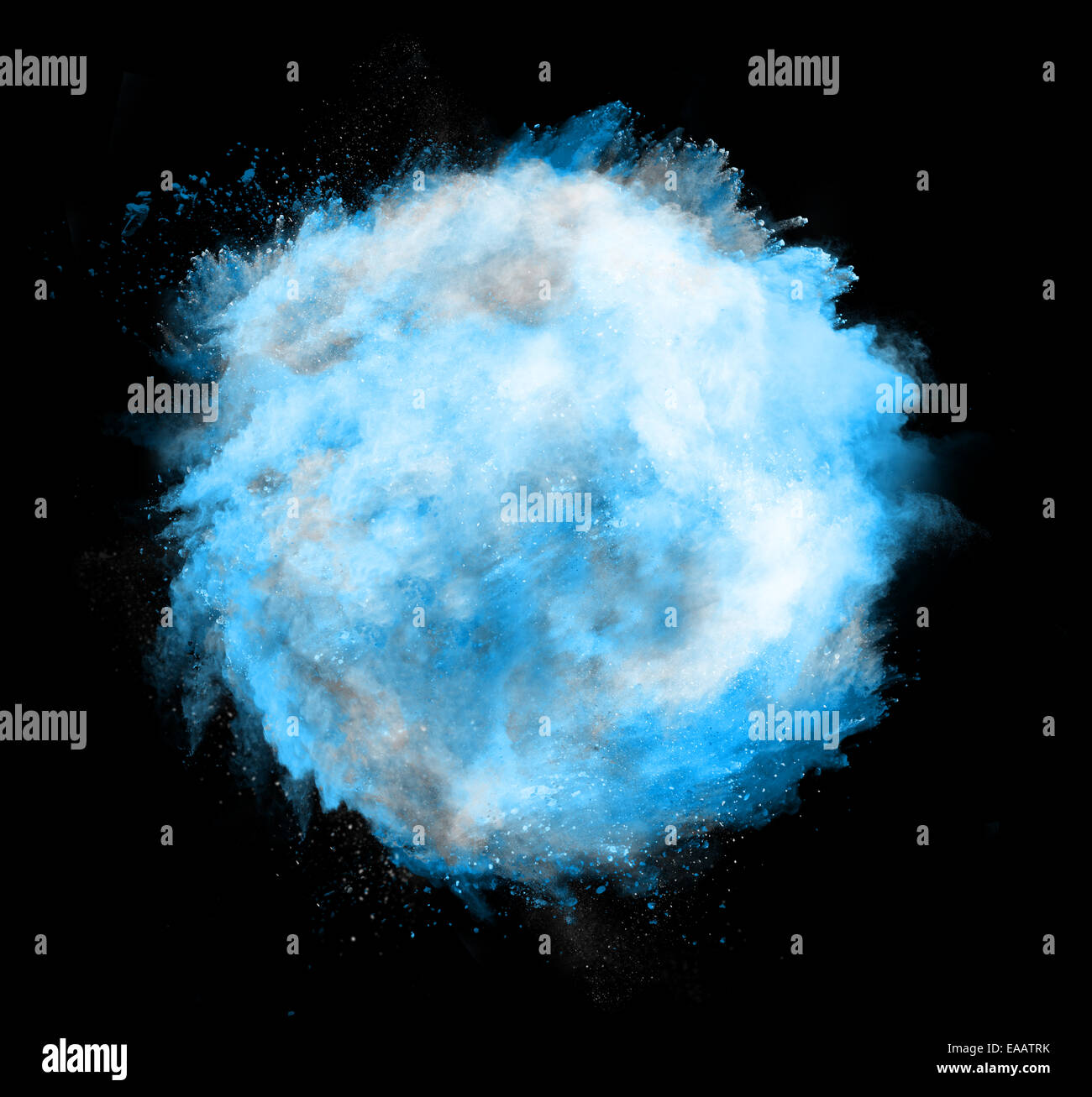 Freeze motion of blue dust sphere explosion isolated on black ...