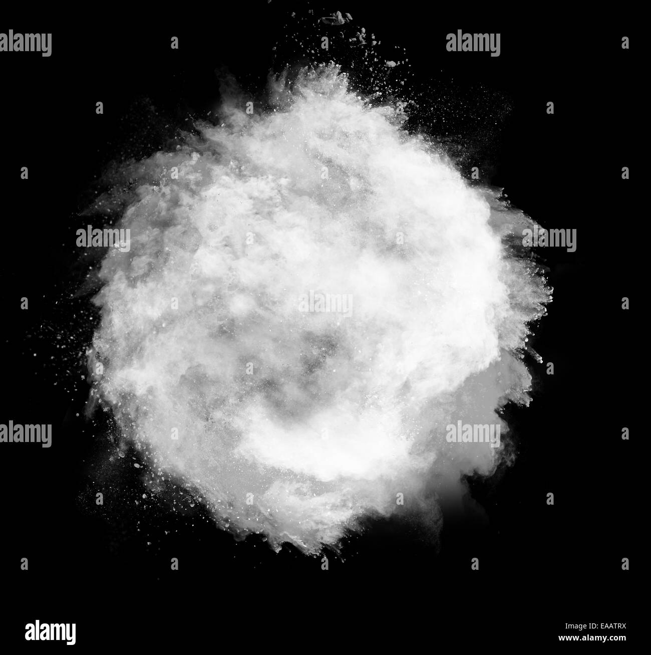 Freeze motion of white dust sphere explosion isolated on black ...
