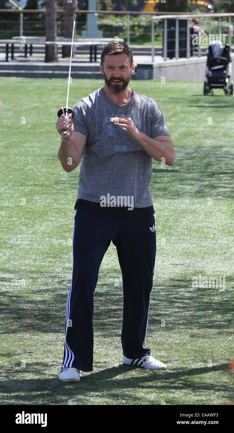 Hugh Jackman working out in the park for his up coming movie 'Pan' in ...