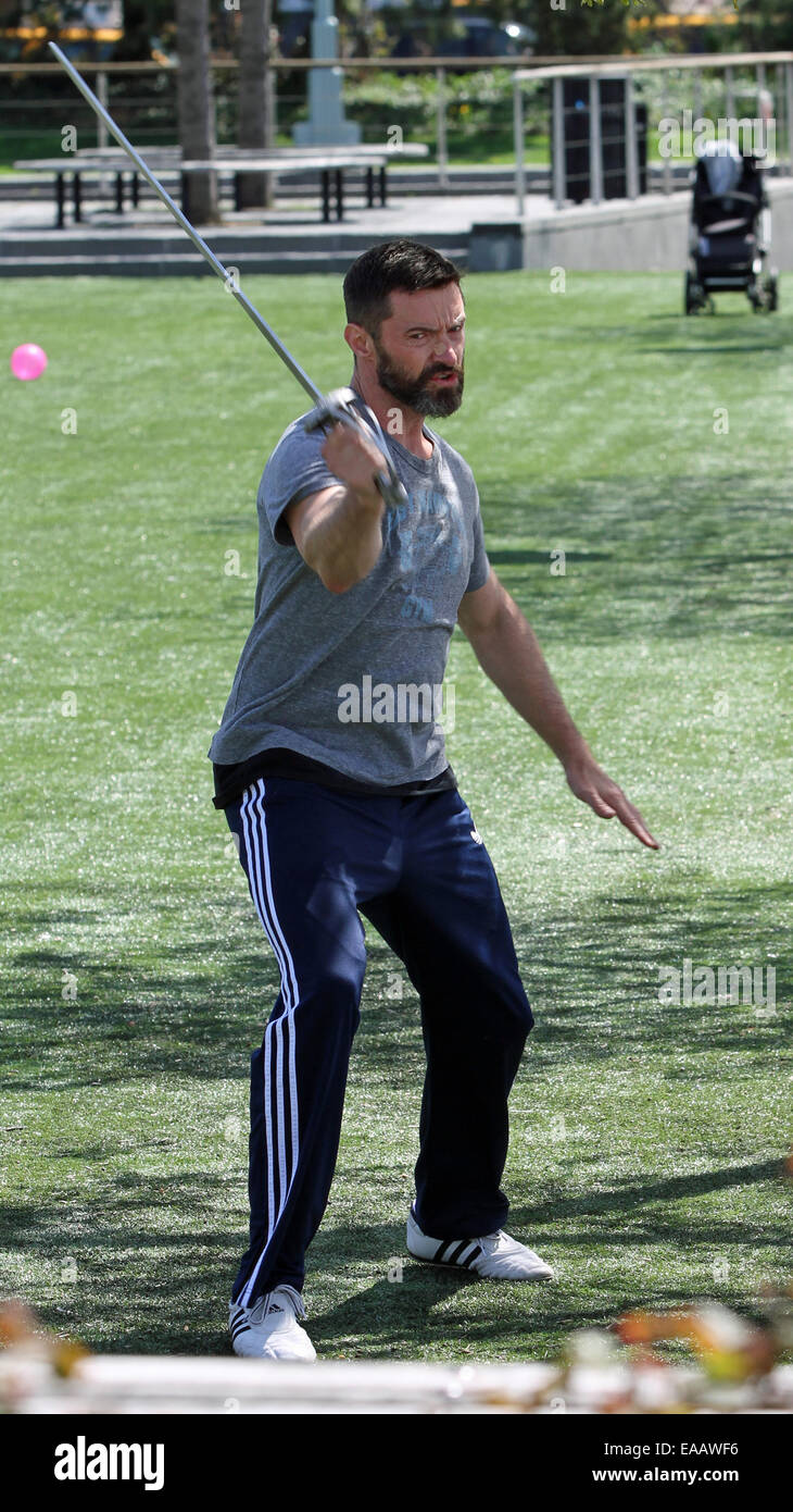 Hugh Jackman working out in the park for his up coming movie 'Pan' in ...