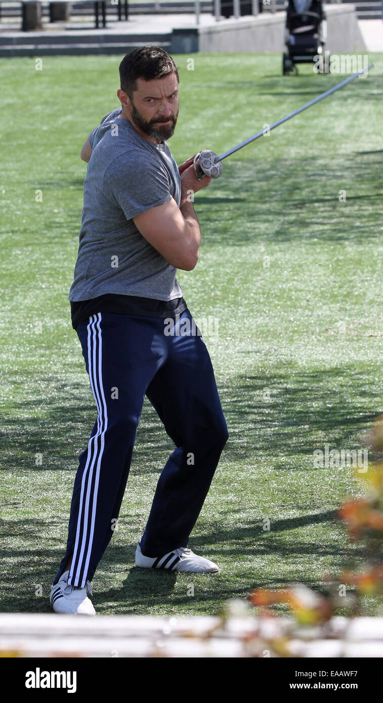 Hugh Jackman working out in the park for his up coming movie 'Pan' in ...