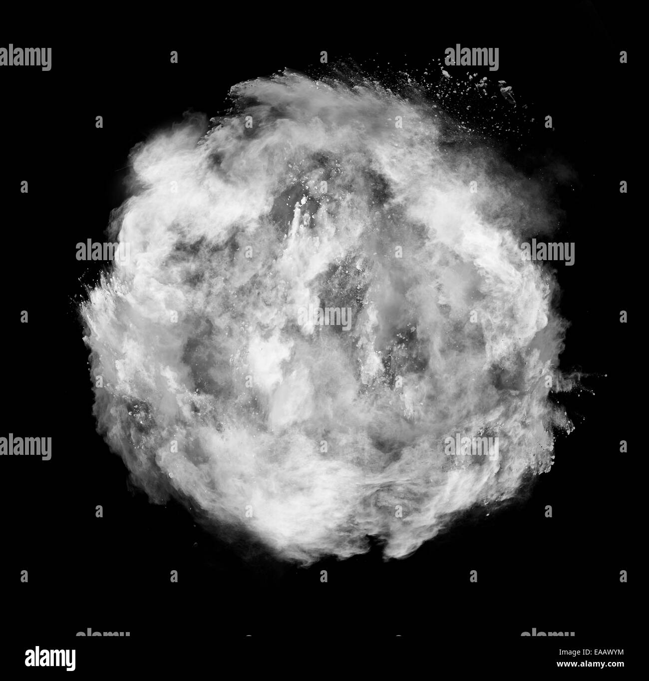 Freeze motion of white dust explosion isolated on black background ...