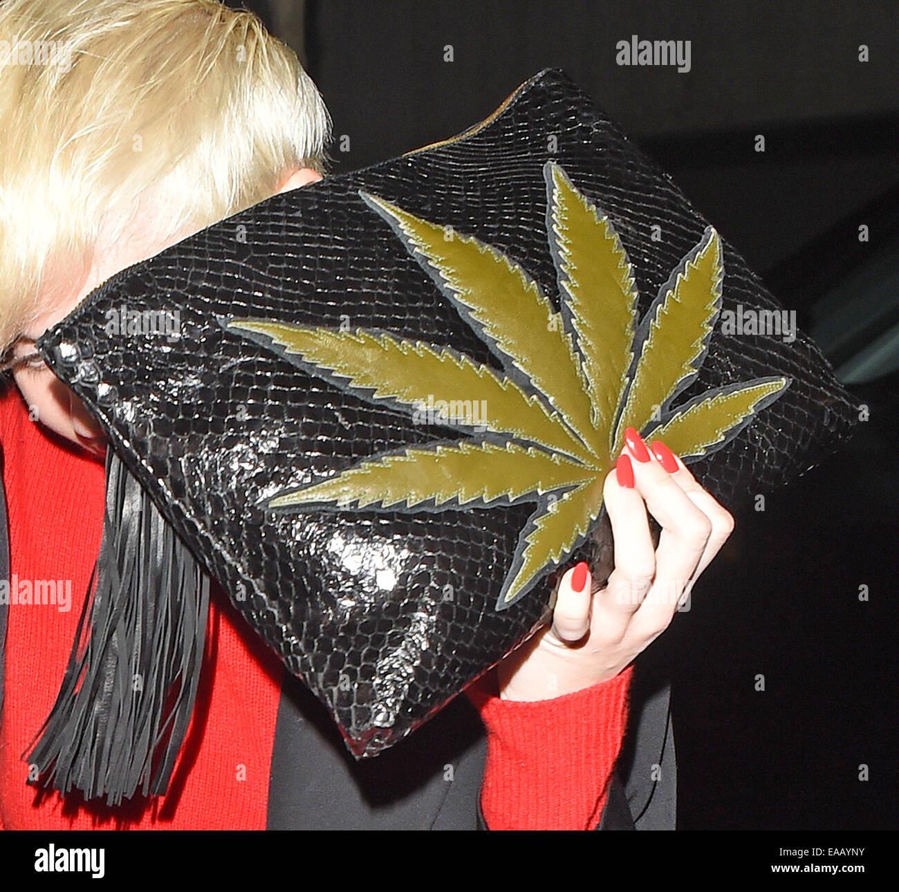 Miley Cirus arriving at Claridge's hotel holding a cannabis leaf logo ...