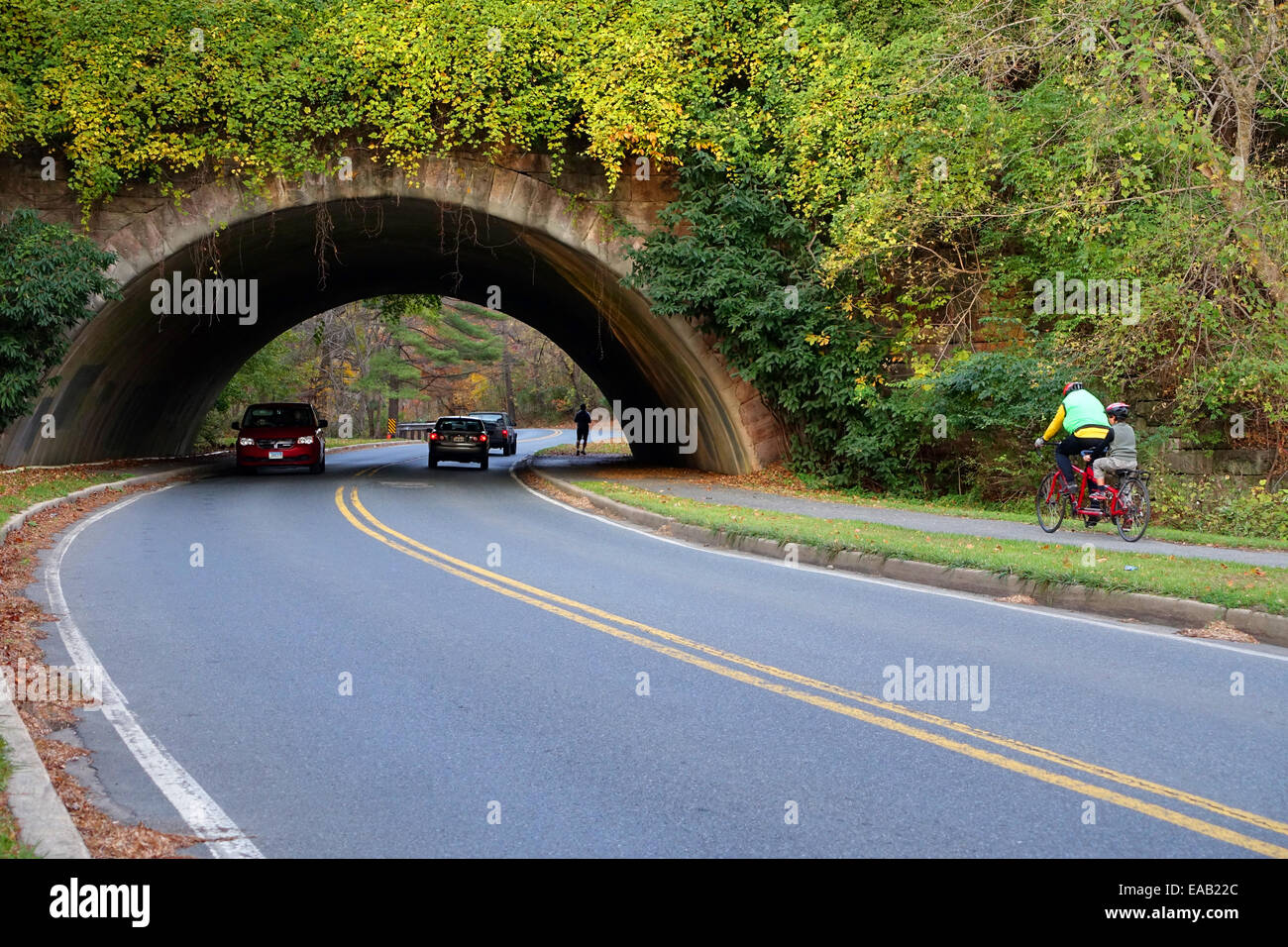 USA Maryland MD Rock Creek Park road going through a tunnel under train ...