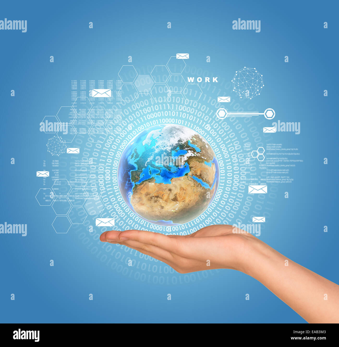 Hand holds Earth with figures and envelopes Stock Photo - Alamy