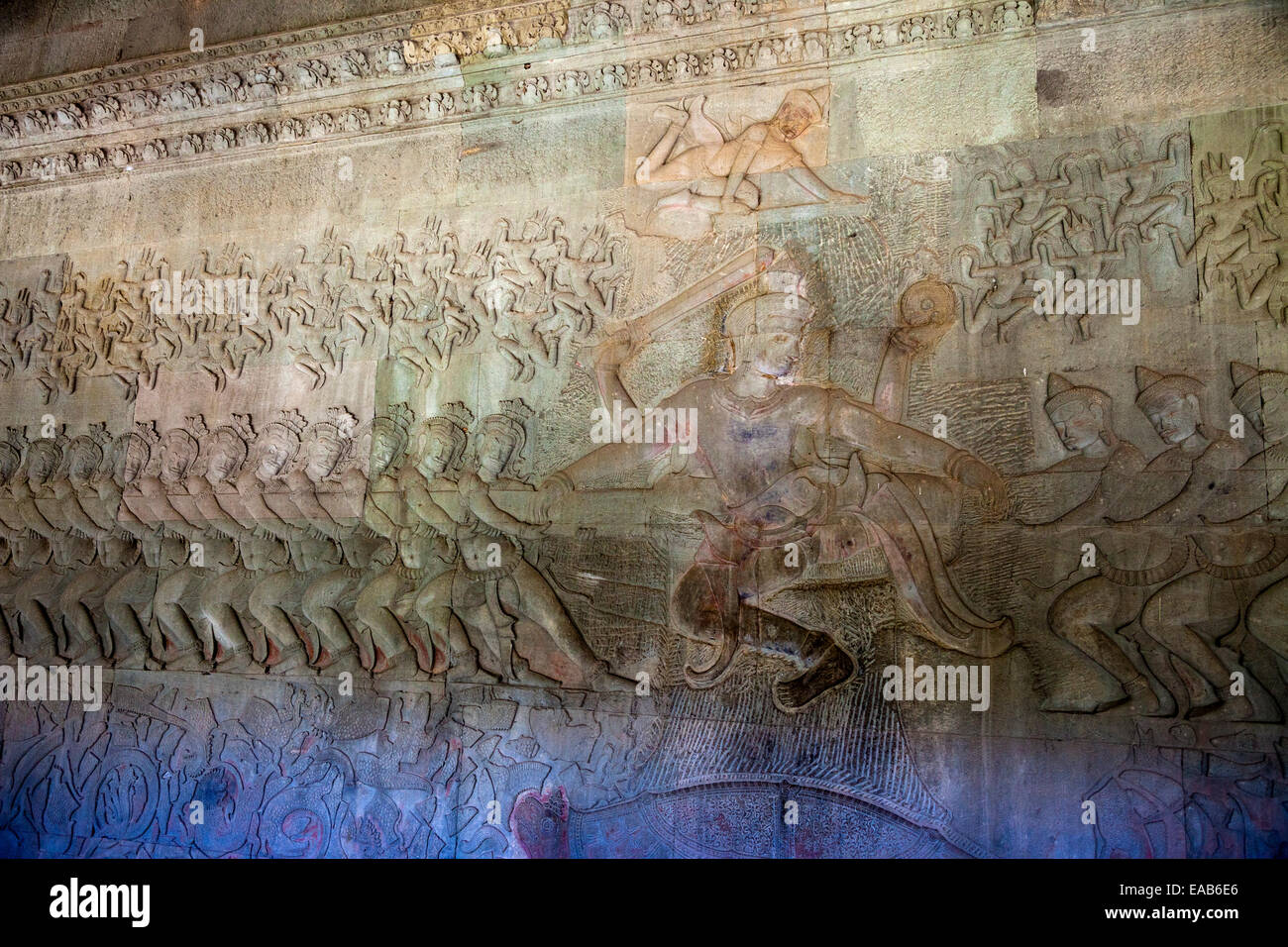 Cambodia, Angkor Wat. Vishnu on Mount Mandara, leading the gods and the ...
