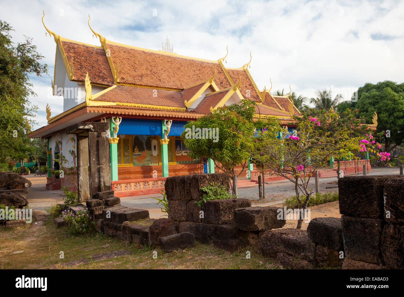 Cambodia, Bakong. Modern Buddhist Monastery adjacent to Bakong temple ...