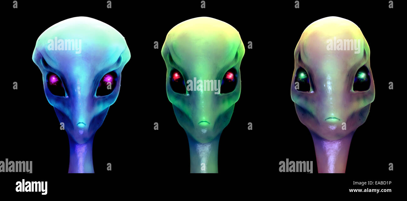 Sci-fi 3d illustration, three aliens isolated on black Stock Photo - Alamy