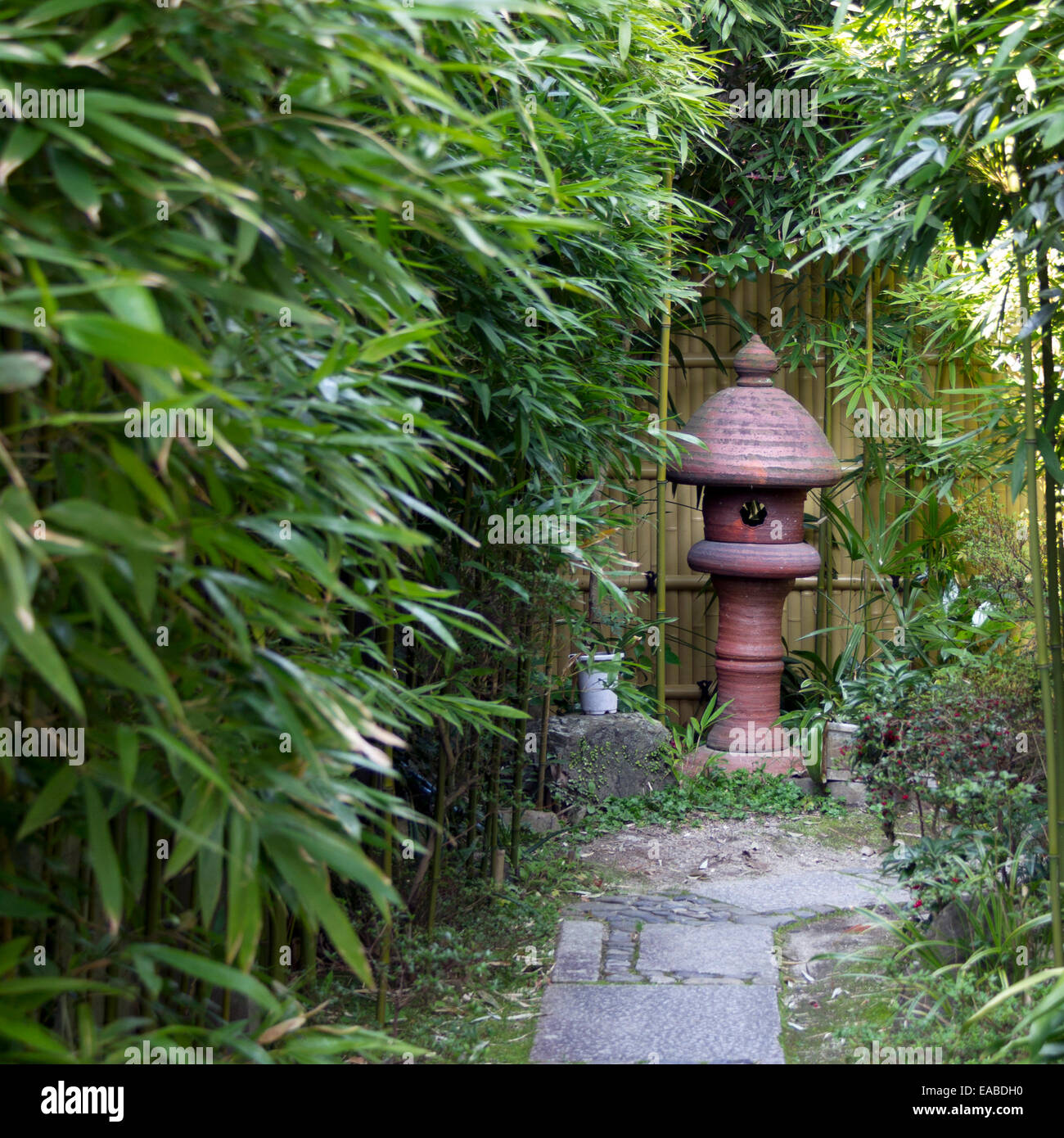 Traditional Japanese stone lantern surrounded by young bamboo trees ...