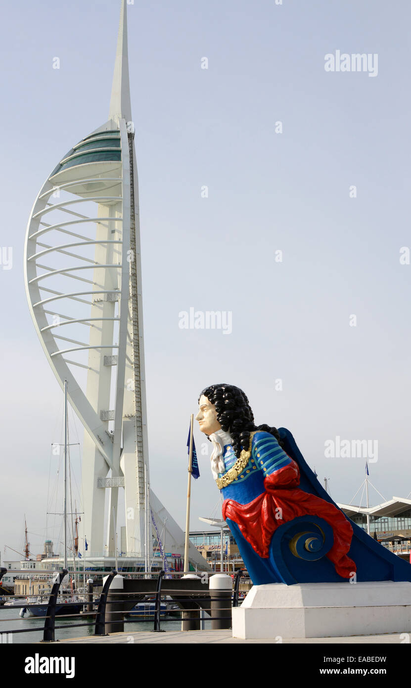 The Spinnaker Tower and old ships figurehead at Gunwharf Quays shopping ...