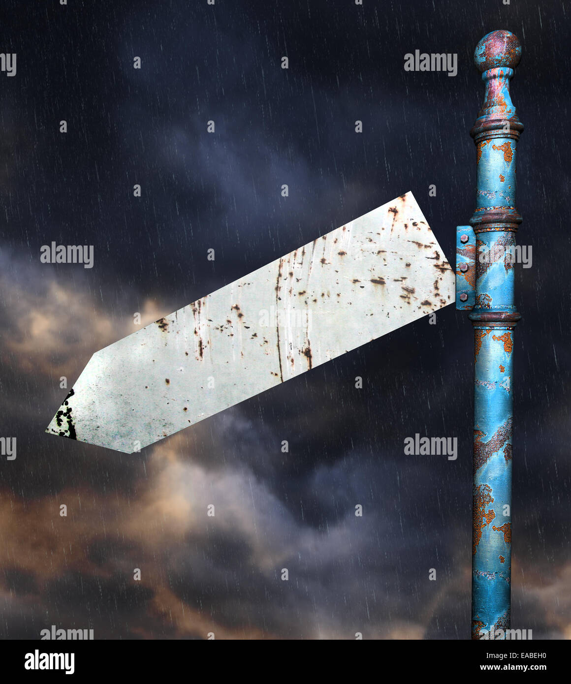 3d Rusted grunge road sign over dramatic sky and rain, concept for ...