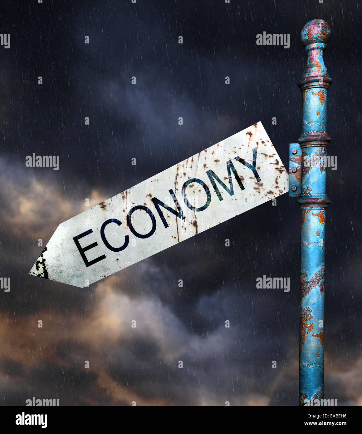 3d Rusted grunge road sign over dramatic sky and rain, concept for ...