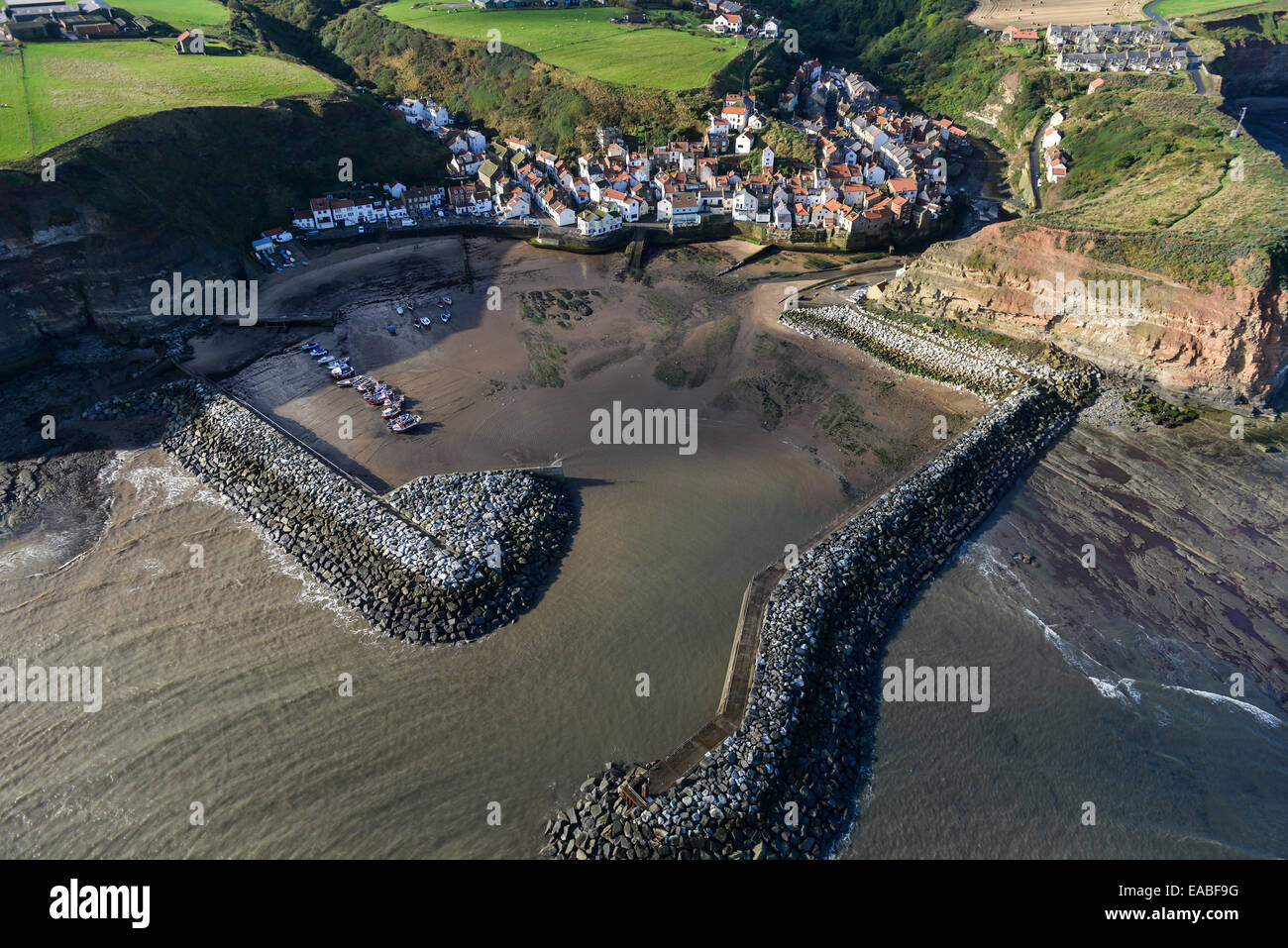 An aerial view of the North Yorkshire coastal village of Staithes Stock ...