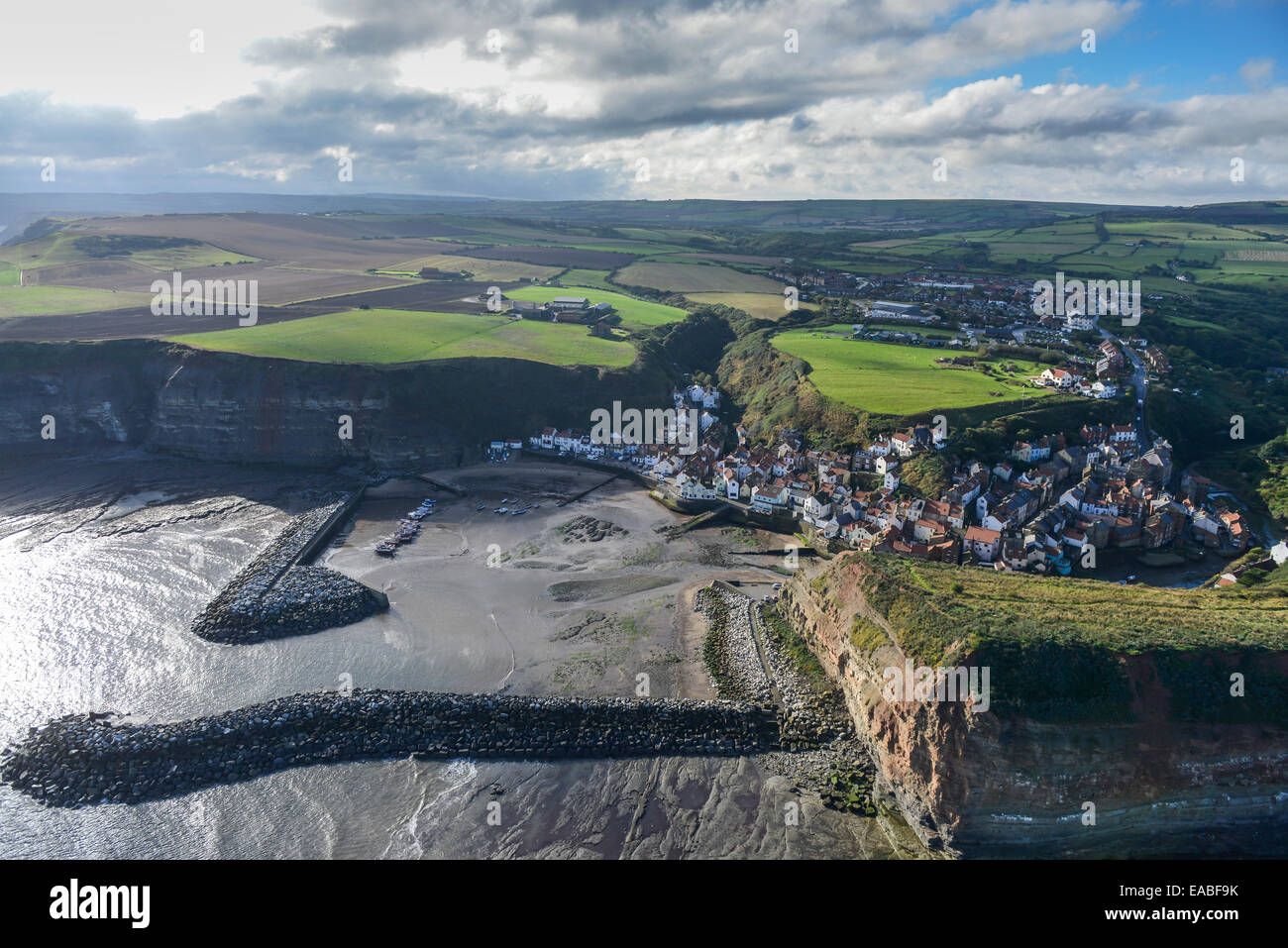 An aerial view of the North Yorkshire coastal village of Staithes Stock ...
