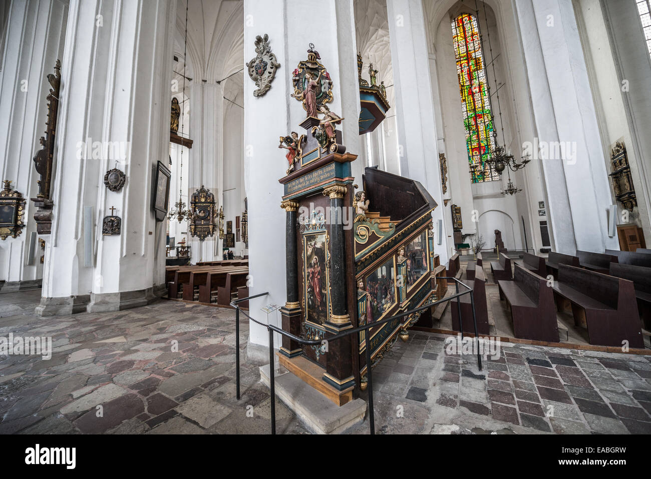 Wooden pulpit in main nave of Basilica of the Assumption of the Blessed ...