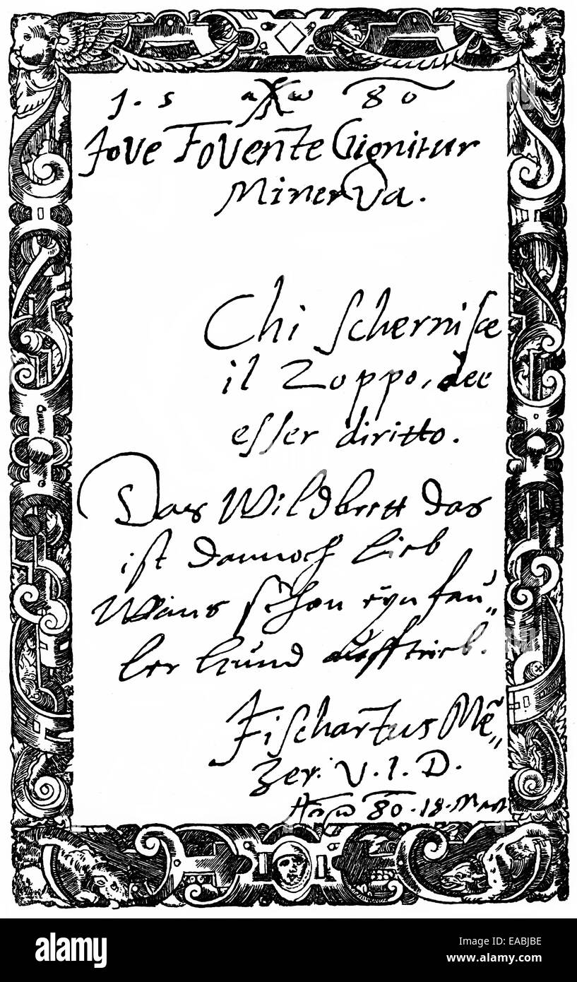 Historic manuscript, front page by Johann Baptist Fischart, 1546 - 1591 ...